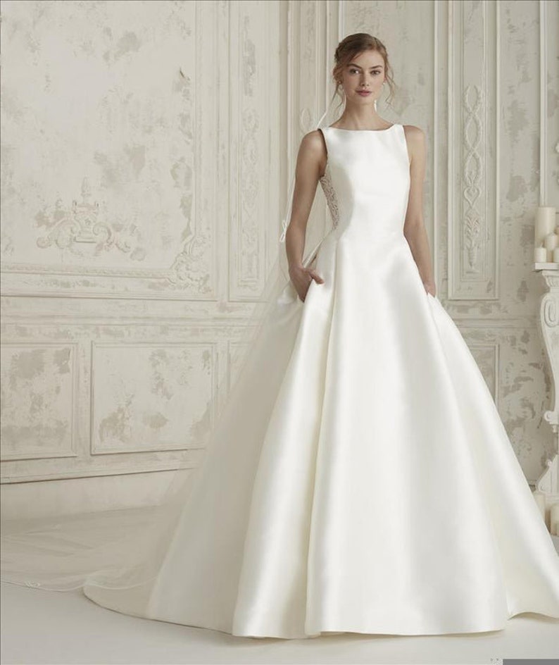 Boat Neck Satin Princess Embroidered Floral Lace Gown - Etsy