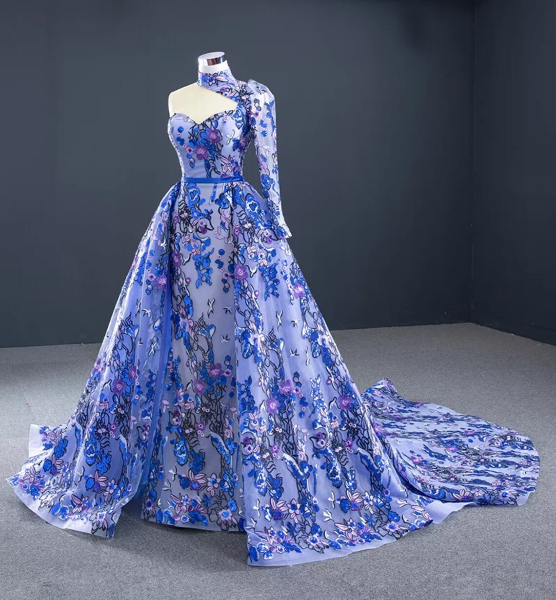 One Sided Halter Shoulder Blue Floral Sweetheart Gown With - Etsy