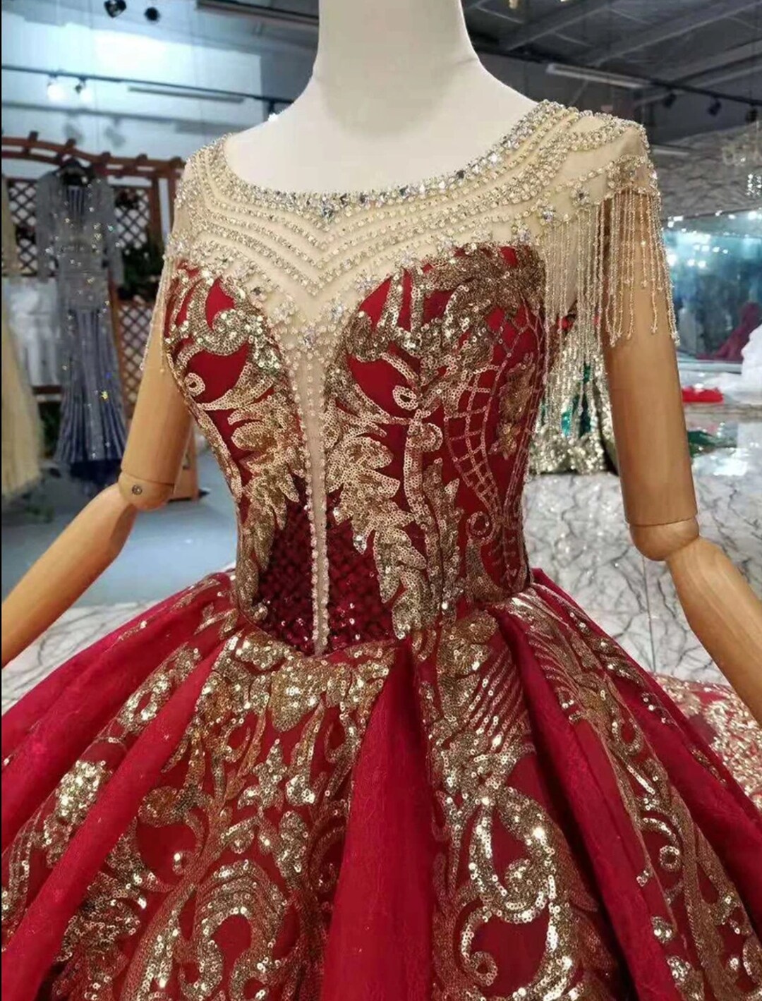 Red & Gold Lace Sequin Draped Beaded Scoop Illusion Sweetheart Neck Non ...