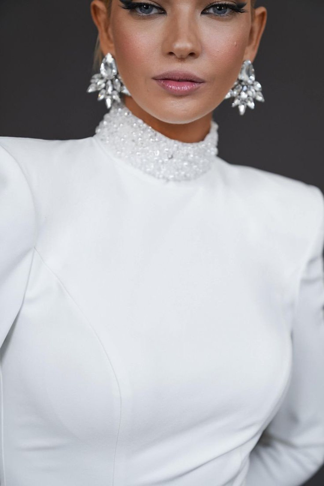 Crystal Beaded High Neck Dramatic Long Sleeve Open Back Trumpet Gown - Etsy