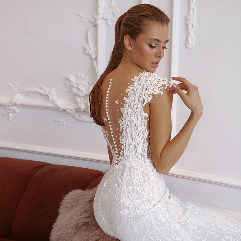 Pearl Beaded Lace Sheath Gown W/ Detachable Train - Etsy