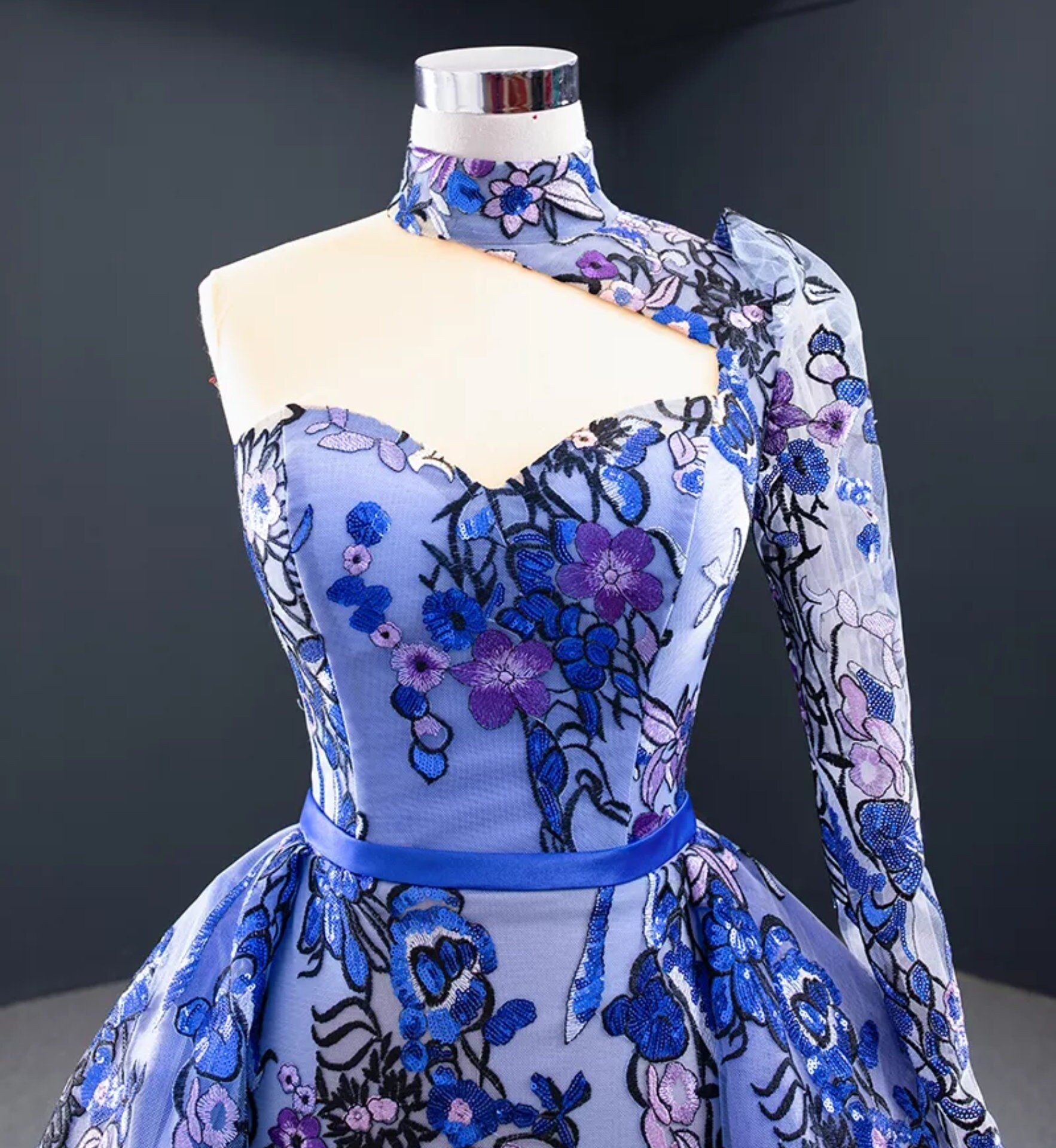 One Sided Halter Shoulder Blue Floral Sweetheart Gown With - Etsy