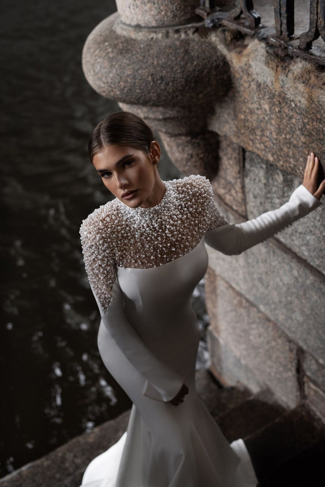 Half Sheer V Cut Sequin & Pearl Beaded Long Sleeve Satin Mix Pleated ...