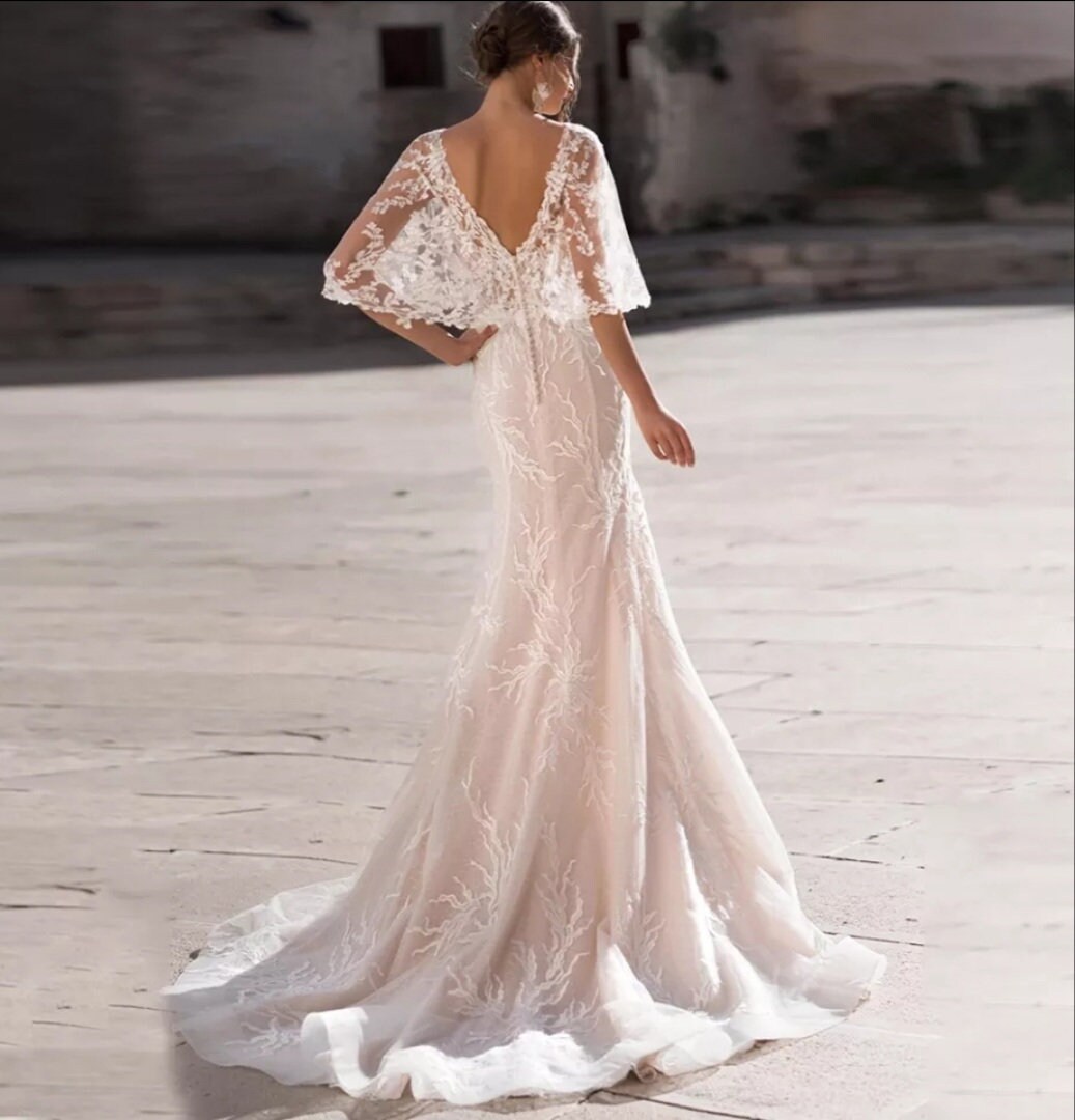 Backless Deep V Lace Floral & Vine Dress With Batwing Sleeves - Etsy