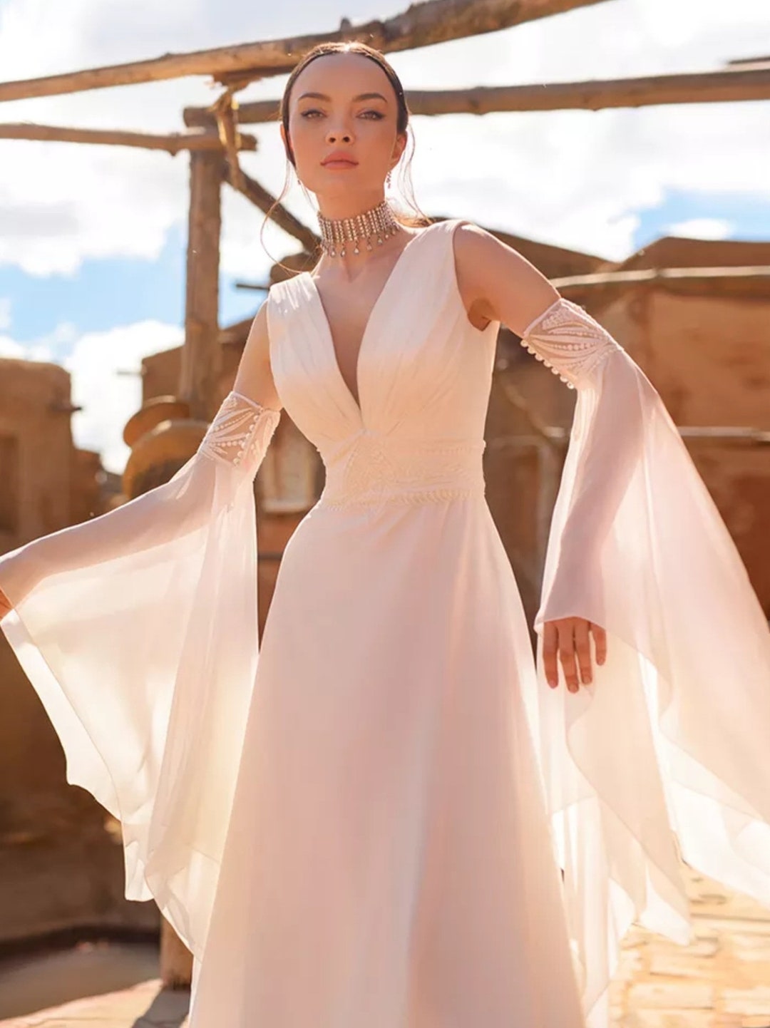 Detached Chiffon Asymmetrical Lace Appliqué Bicep Bell Sleeves - Etsy