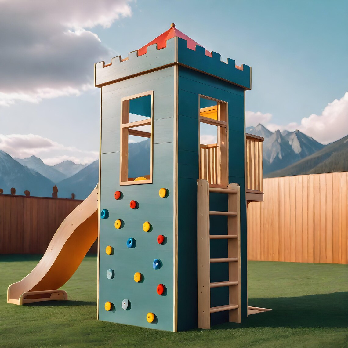 Outdoor Playhouse Plans – Tall Tower Kids Playhouse With Climbing Wall ...