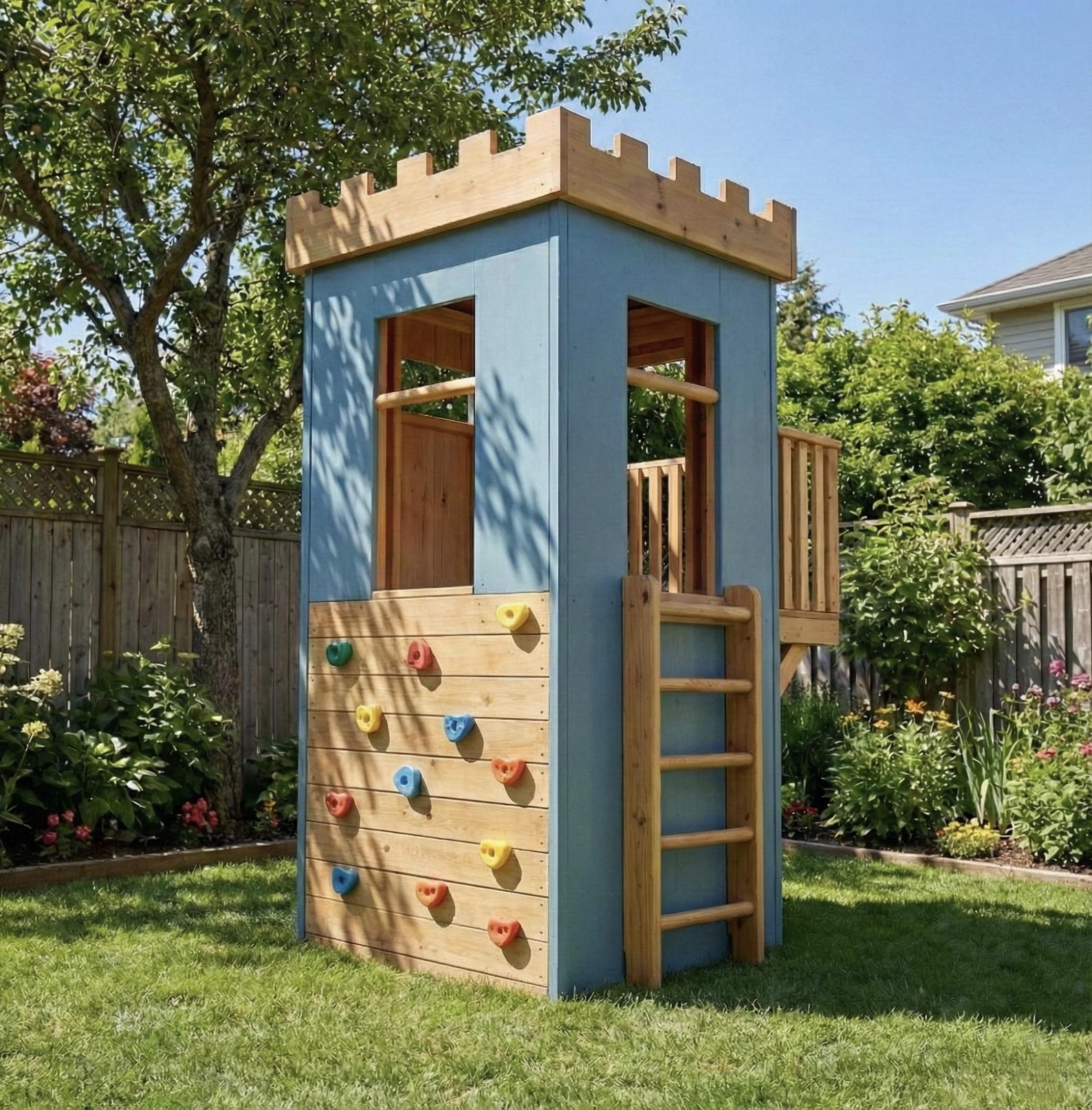Outdoor Playhouse Plans – Tall Tower Kids Playhouse With Climbing Wall ...