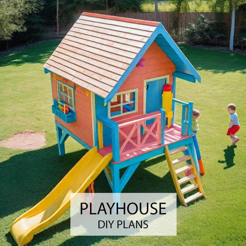 Outdoor Playhouse Plans – Elevated Backyard Kids Playhouse With Slide ...