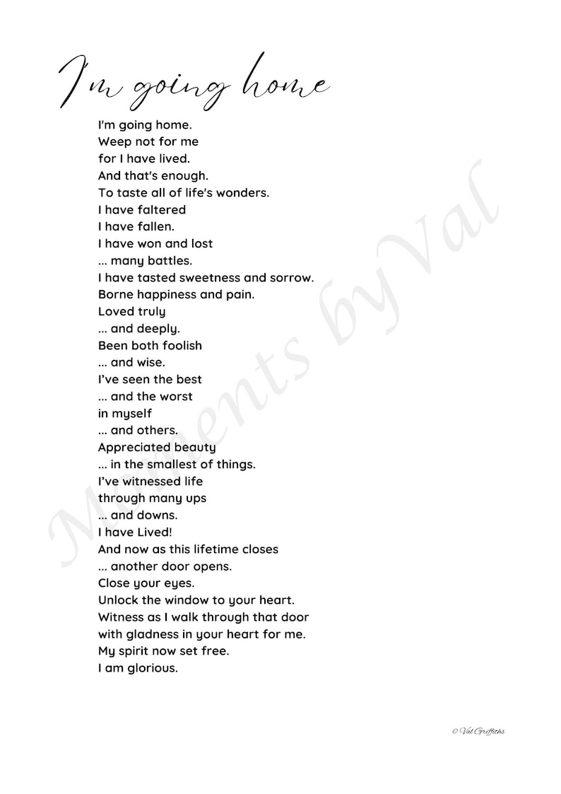 I'm Going Home Poem for Funeral Eulogy Bereavement Poem, Remembrance ...