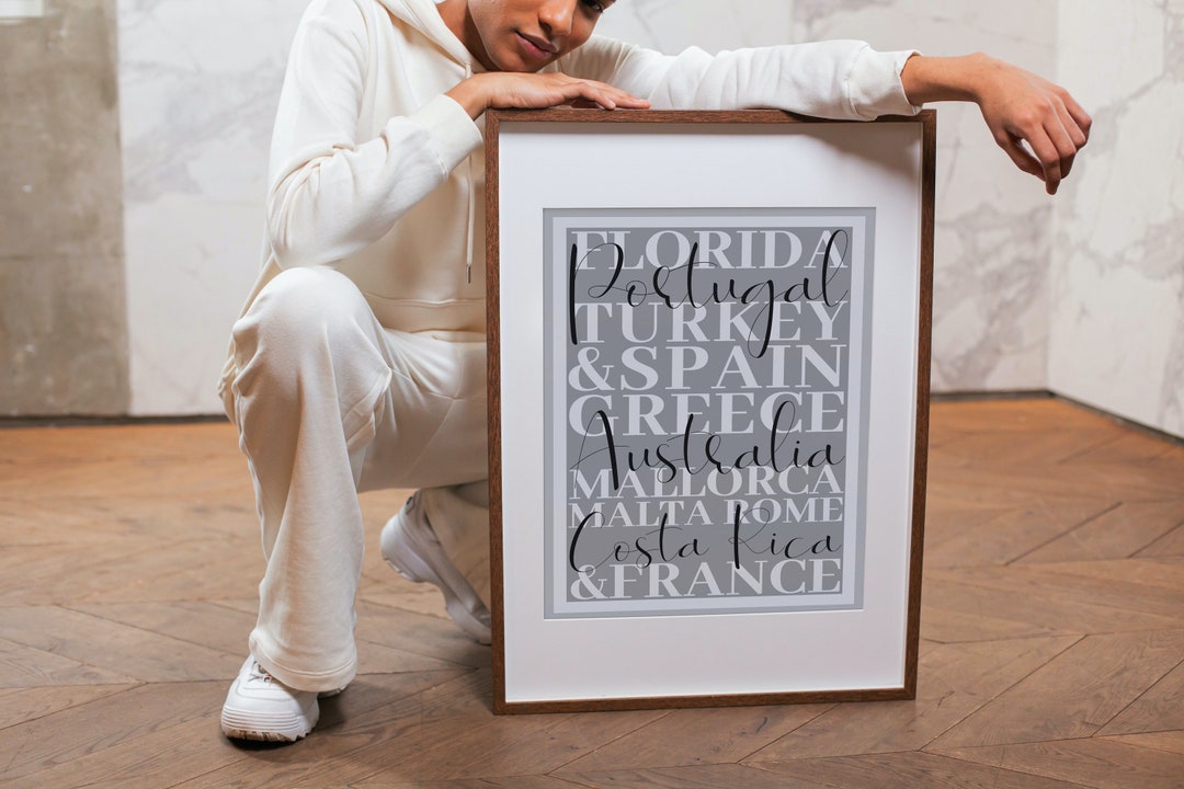 Countries Typography Print, Neutral Wall Art, Black & White Print ...