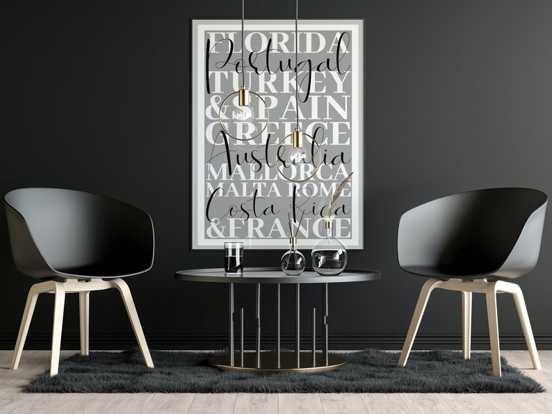 Countries Typography Print, Neutral Wall Art, Black & White Print ...