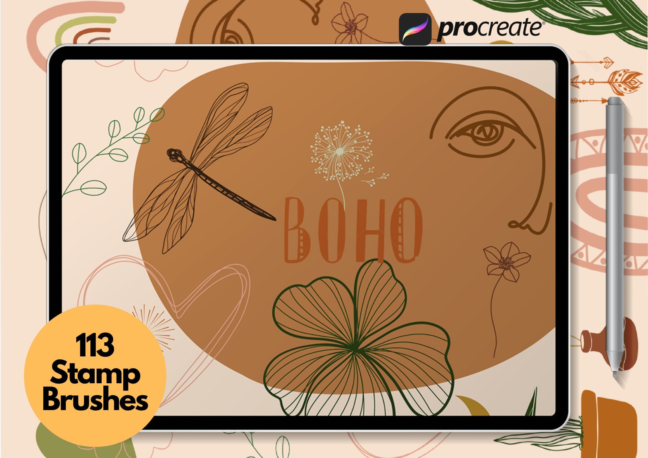 113 BOHO Design Procreate Brushes Bohemian Stamps Tattoo Stamps Hand ...