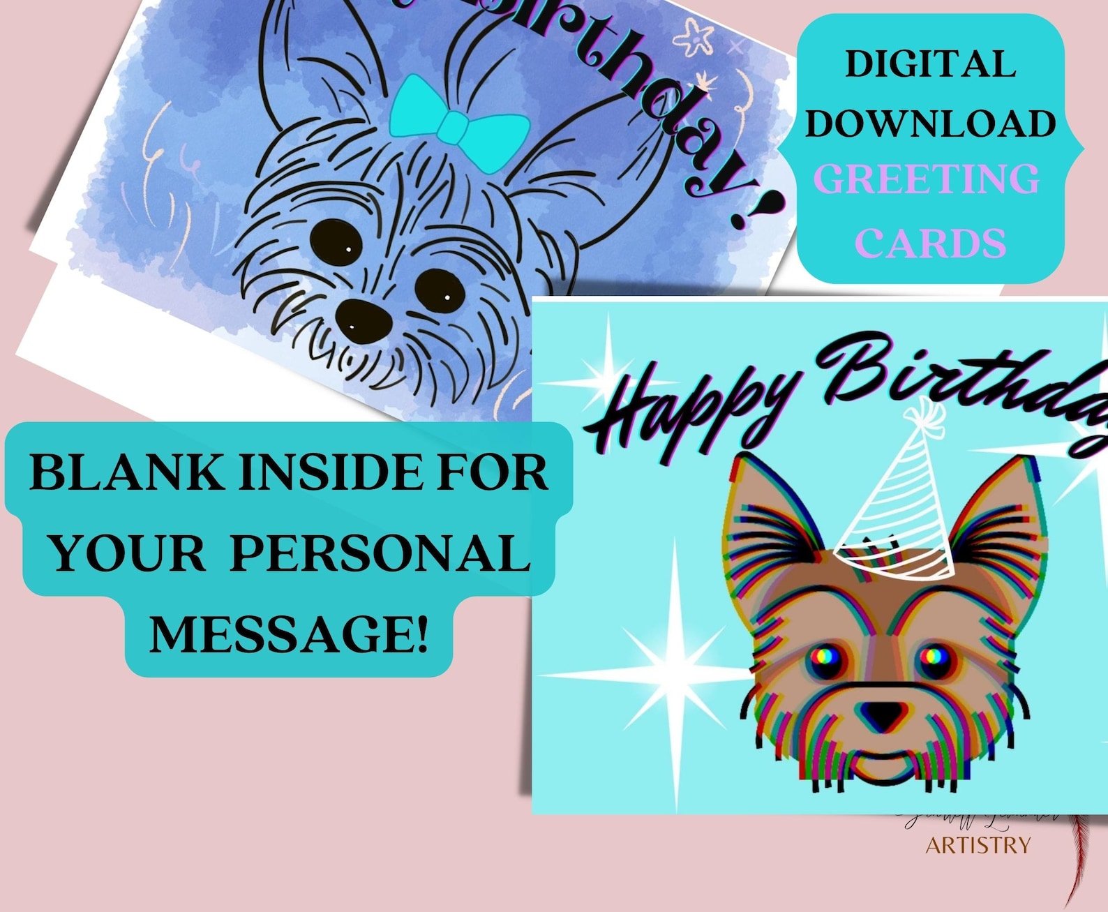 Yorkie Happy Birthday Card Printable Yorkie Cards Digital - Etsy