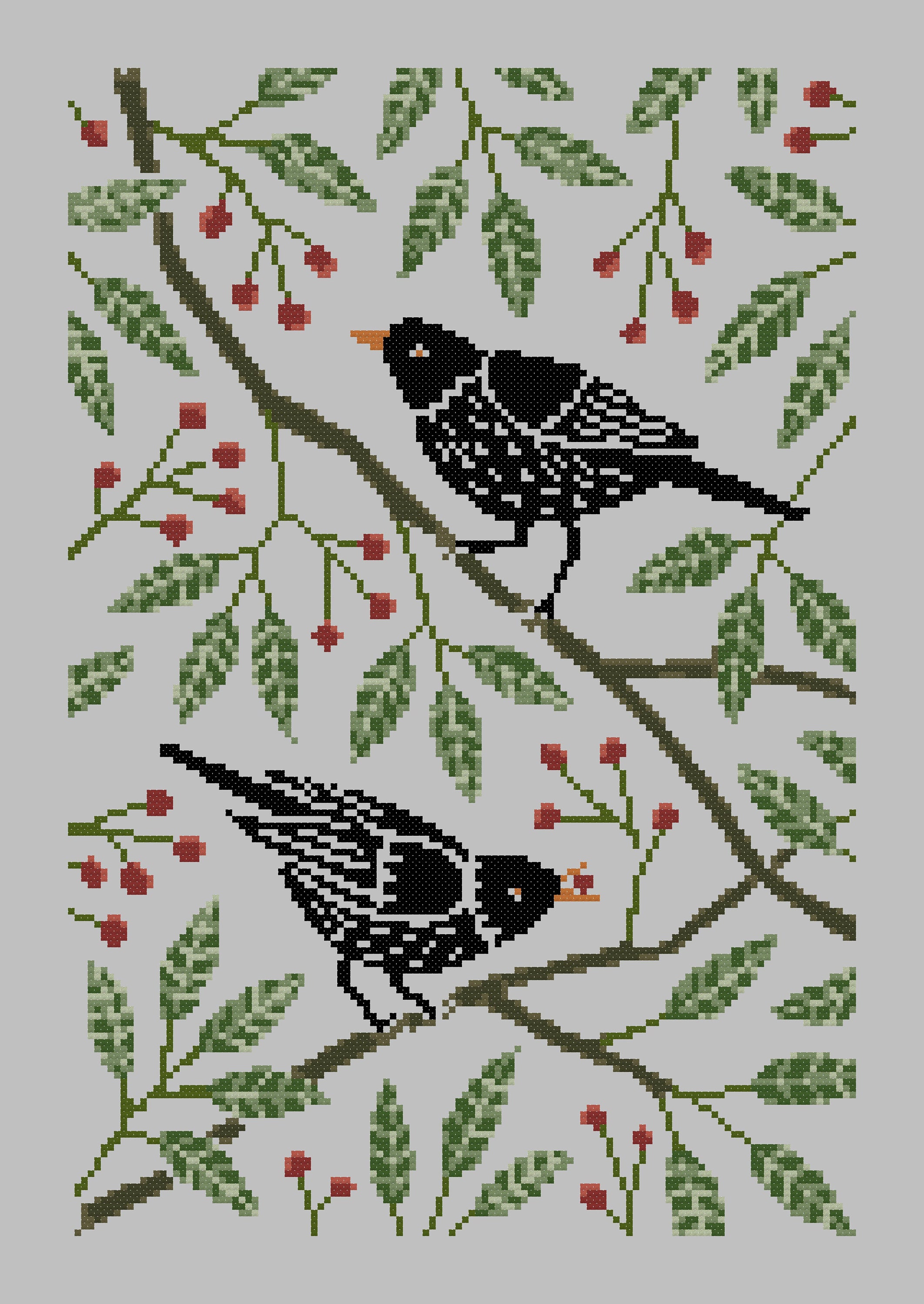 Bird - Birds on Branches - Black Thrush, Cross Stitch Pattern for ...