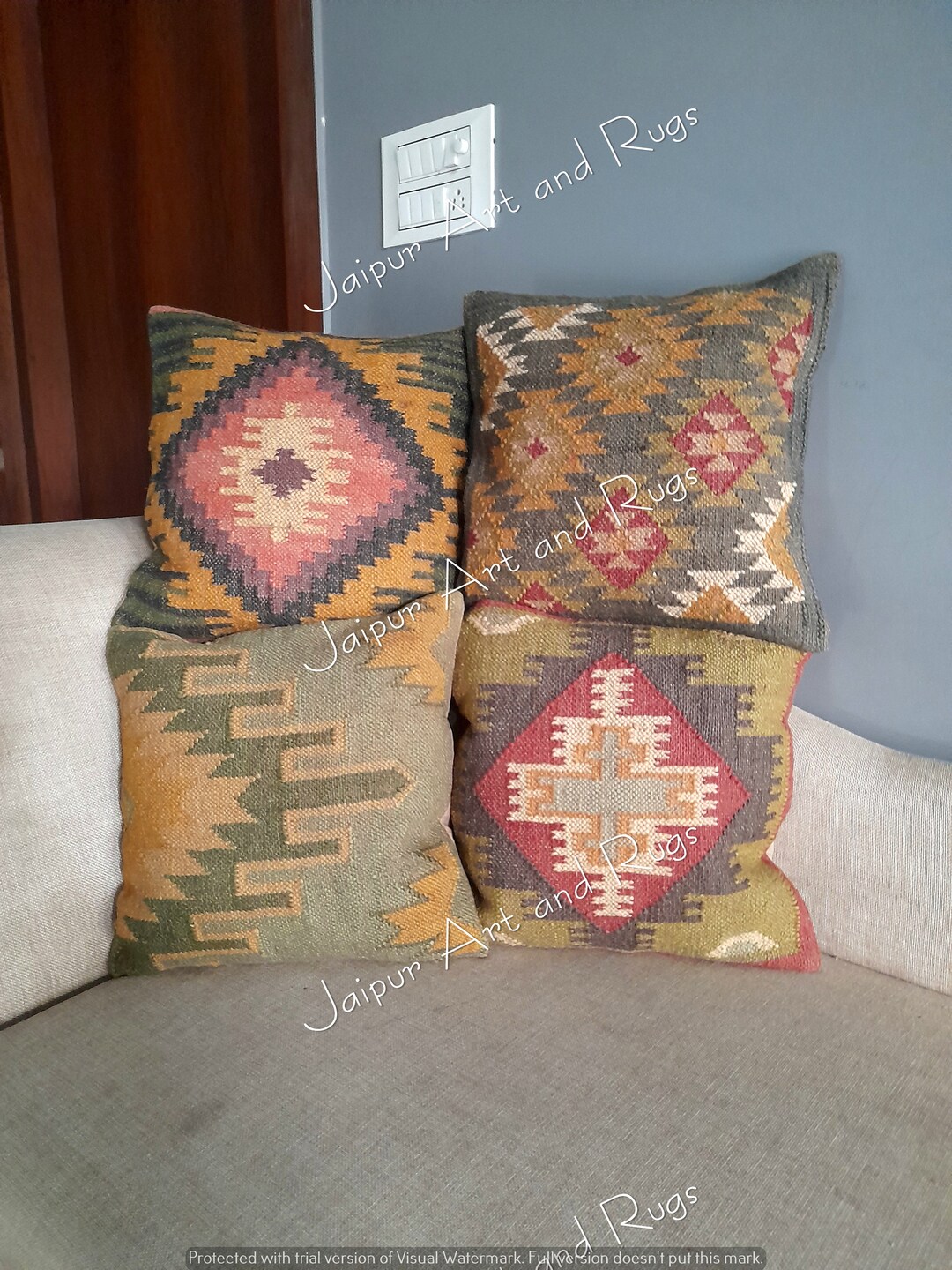 4 Set of Vintage Wool Jute Cushion Cover Throw Indian Jute Cushions ...