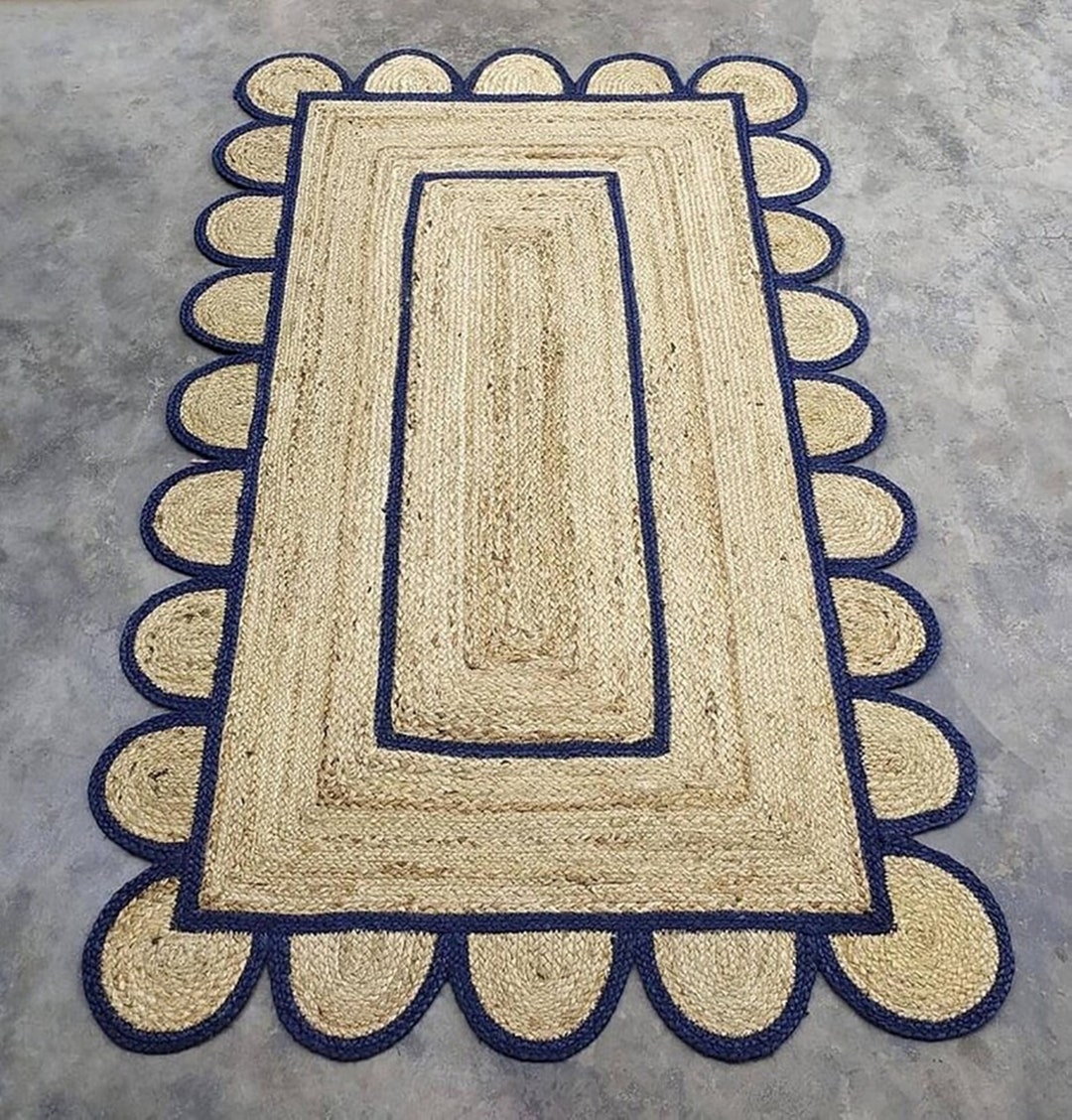 Natural Jute Rug, Pink Blue Green Jute Braided Rug, Scalloped Rug ...