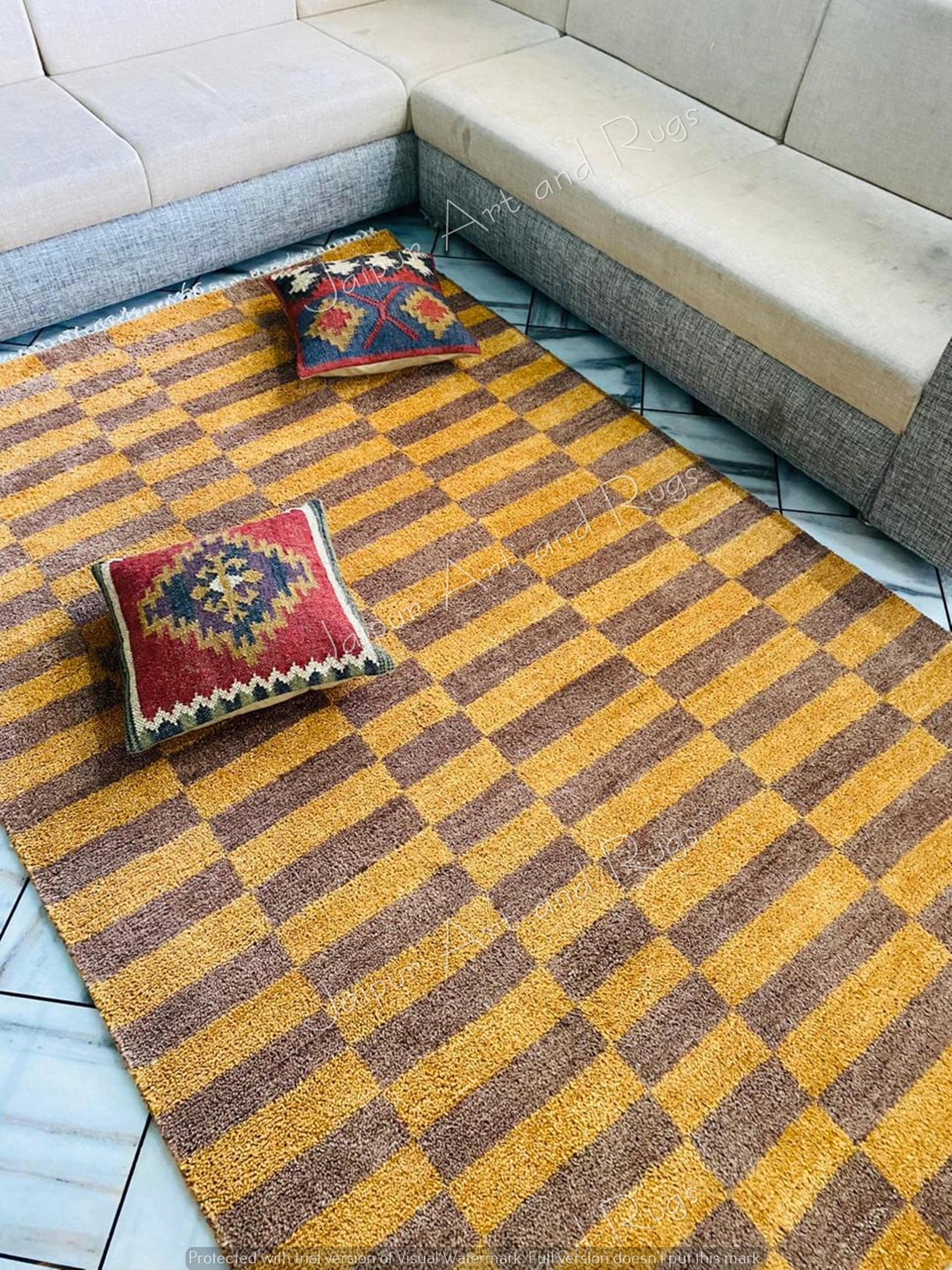 Checkered Rug Golden, Brown Color Rectangular Checkboard Rug, Boho ...