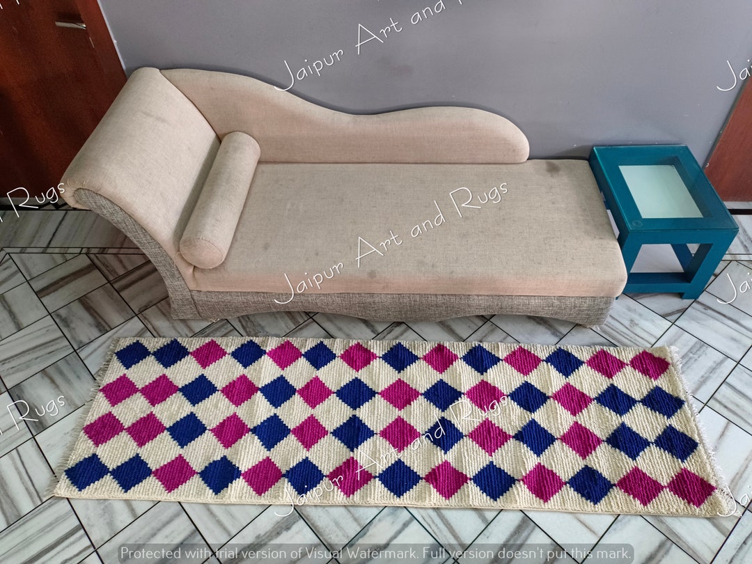 Wool Moroccan Rug, Blue Pink Diamond Design Area Runner Rug Modern ...
