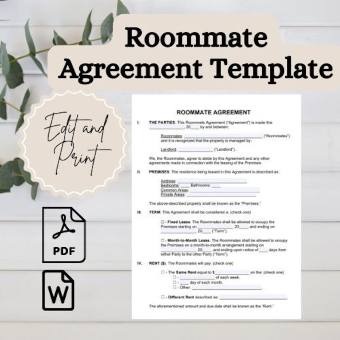 Roommate Agreement Template Editable -- PDF & Microsoft Word -- Room ...