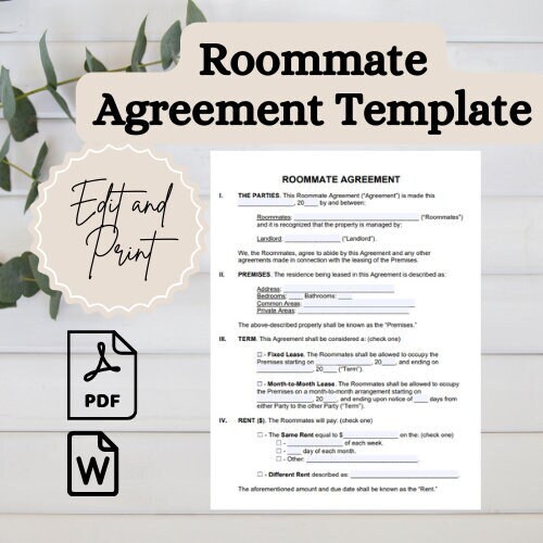 Roommate Agreement Template Editable -- PDF & Microsoft Word -- Room ...