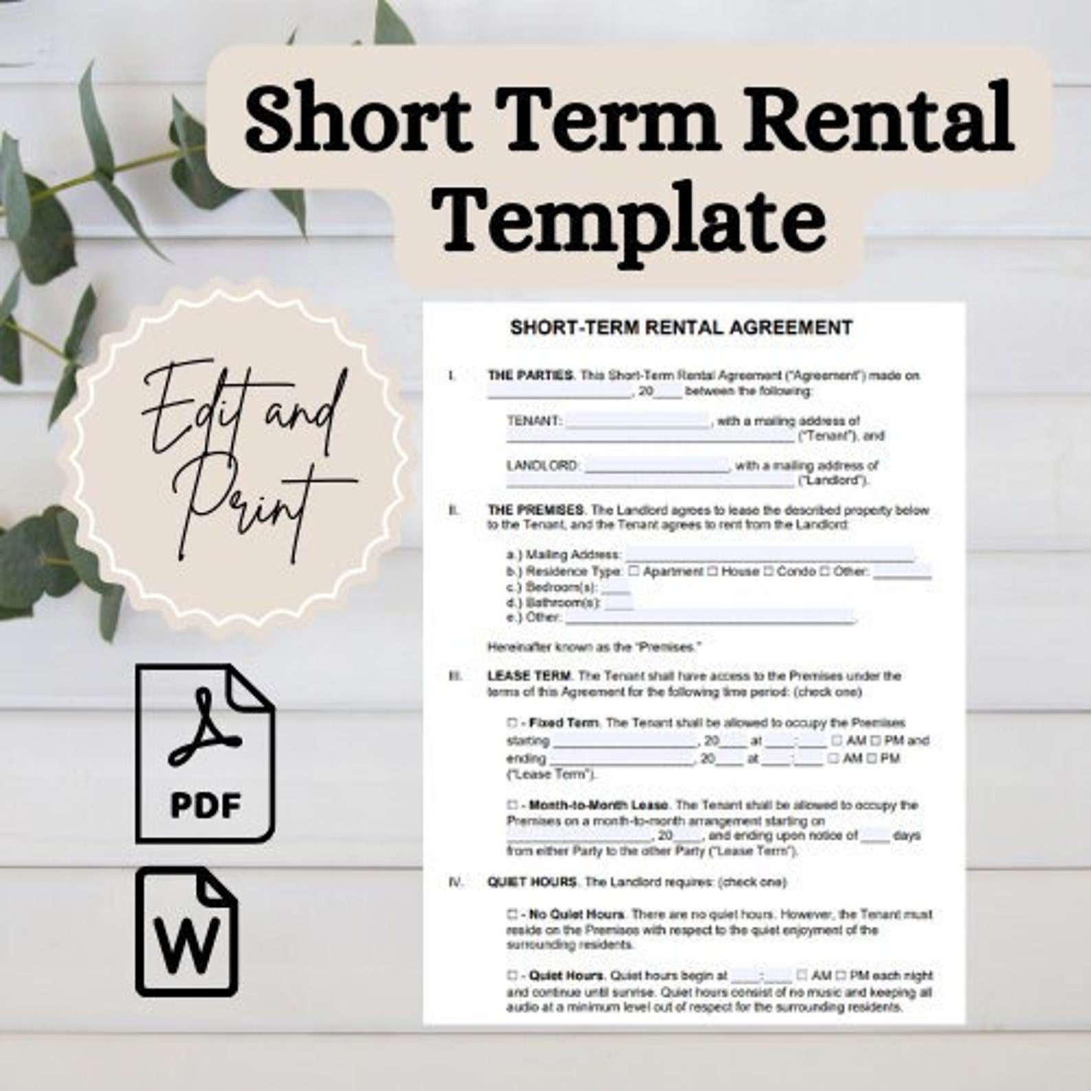 Short Term Rental Agreement Template Editable -- PDF & Microsoft Word ...