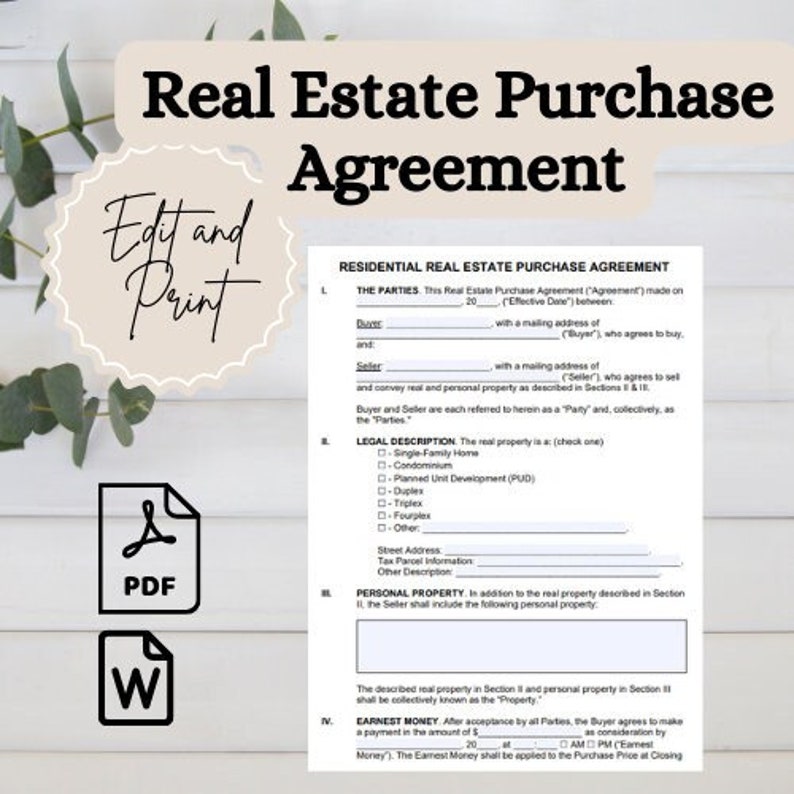 Real Estate Purchase Agreement Template Editable -- PDF & Microsoft ...