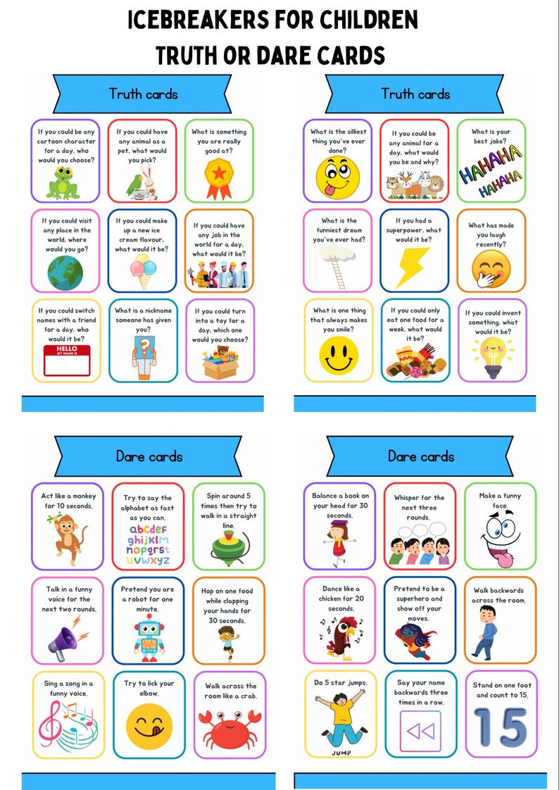 Children Icebreaker Questions | Children Truth or Dare Cards | Children ...
