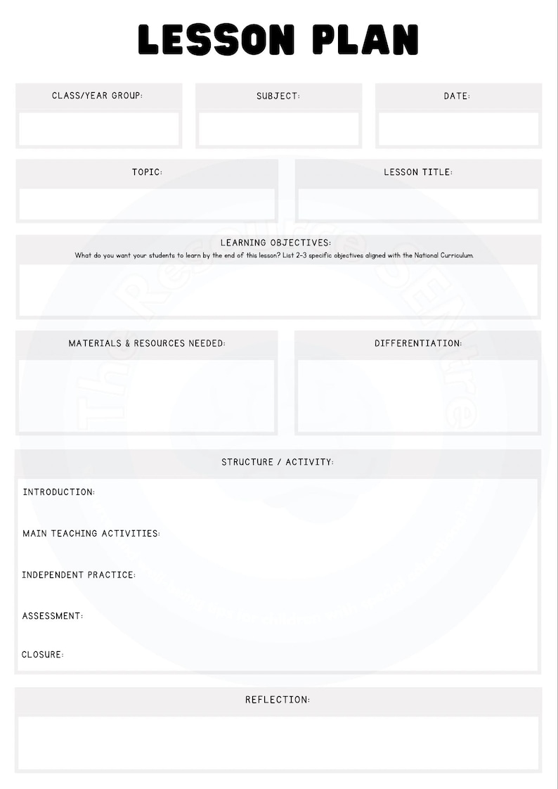 Lesson Plan Template: Printable Worksheet (digital Download) - Etsy