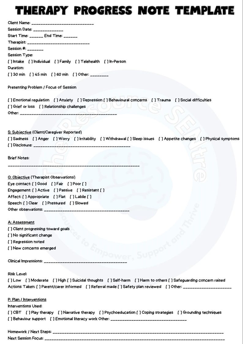 Editable Therapy Progress Note Template | Therapist Note Template ...