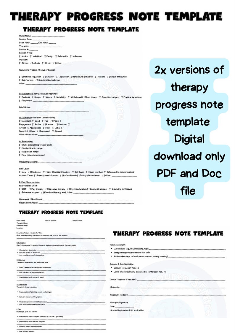 Editable Therapy Progress Note Template: SOAP Format (PDF & DOC) - Etsy