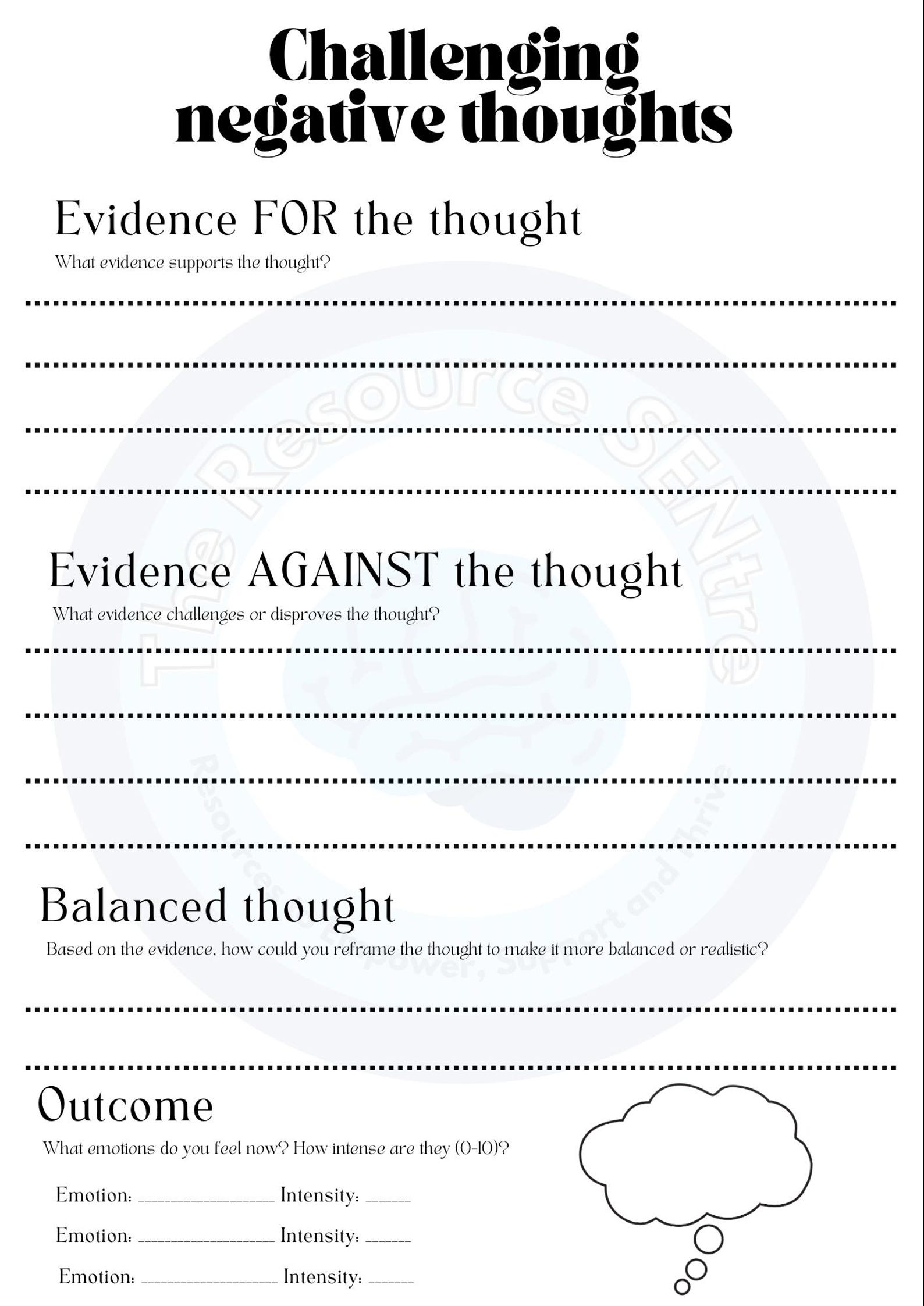 Thought Challenging Worksheet | Cognitive Restructuring | Cognitive ...
