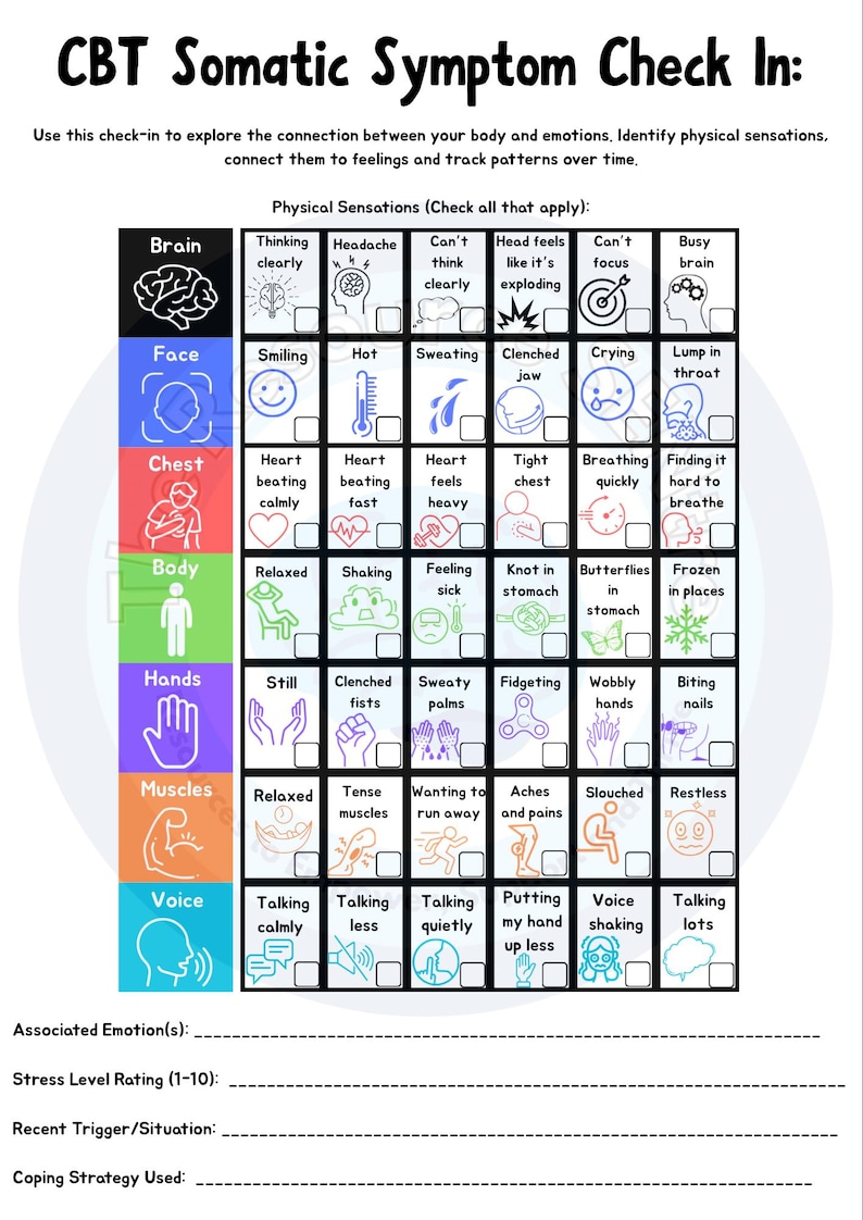 Emotions Physical Sensations Check-in | CBT Somatic Symptom Tracker ...