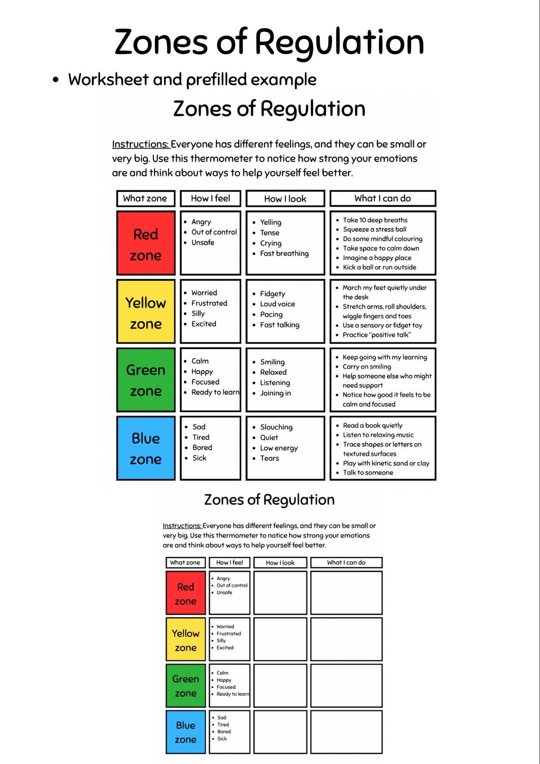 Zones of Regulation Worksheets - Etsy