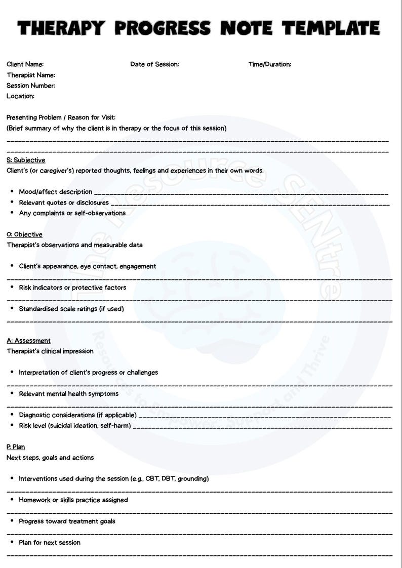 Editable Therapy Progress Note Template: SOAP Format (PDF & DOC) - Etsy