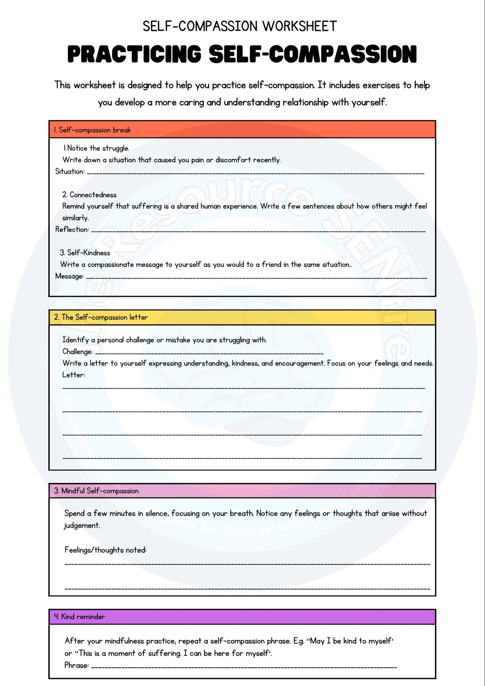 Self-compassion Worksheets: Therapy & Counseling Activities (digital ...