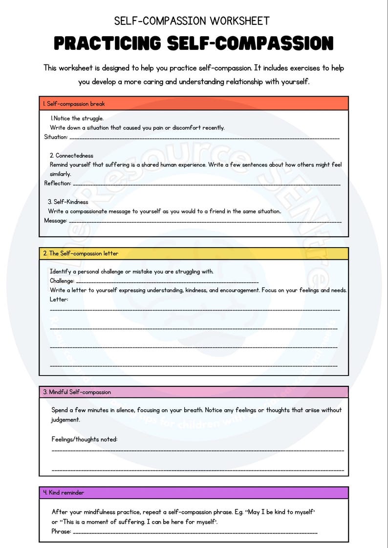 Self-compassion Worksheets: Therapy & Counseling Activities (digital ...