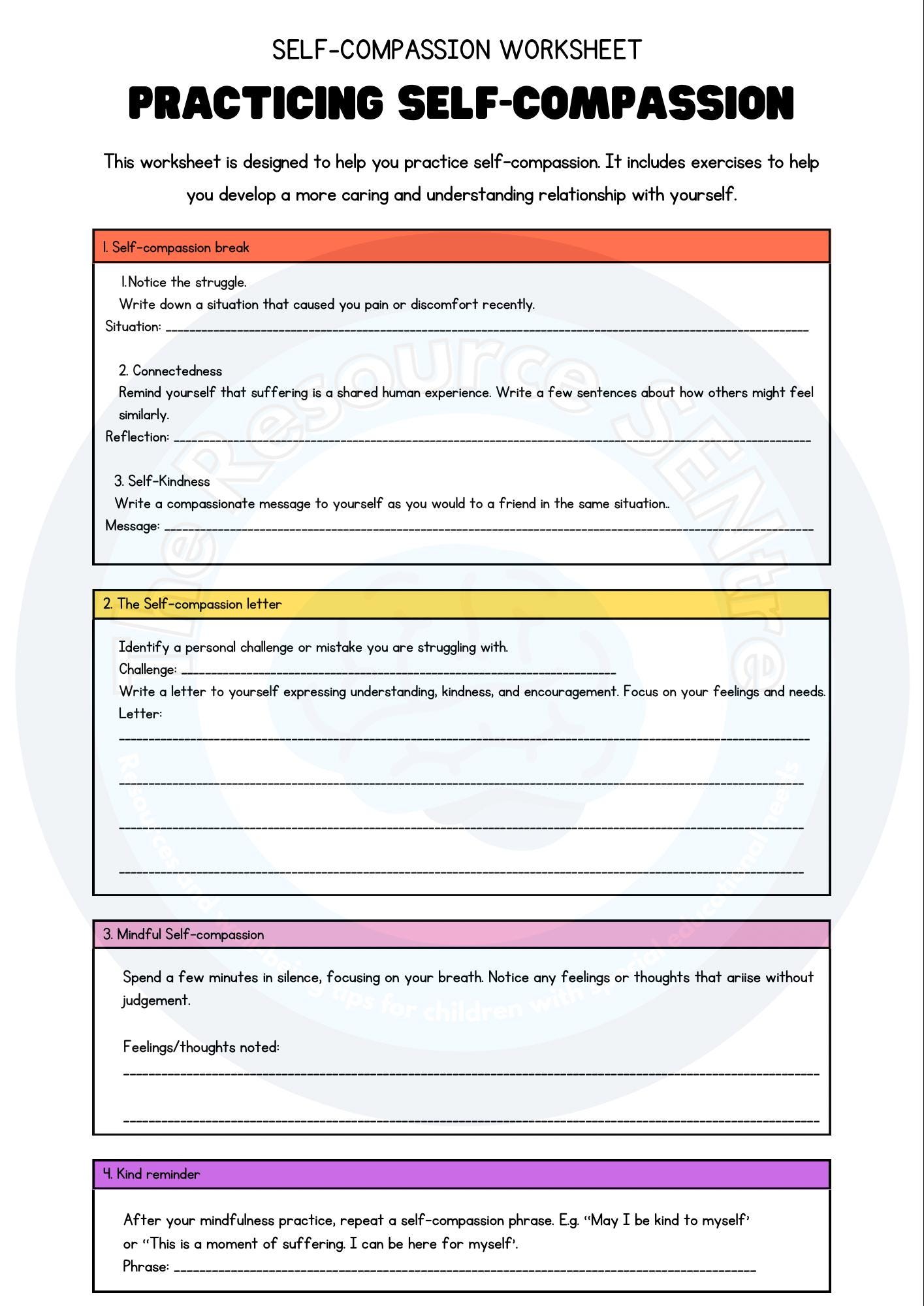 Self-compassion Worksheets: Therapy & Counseling Activities (digital ...