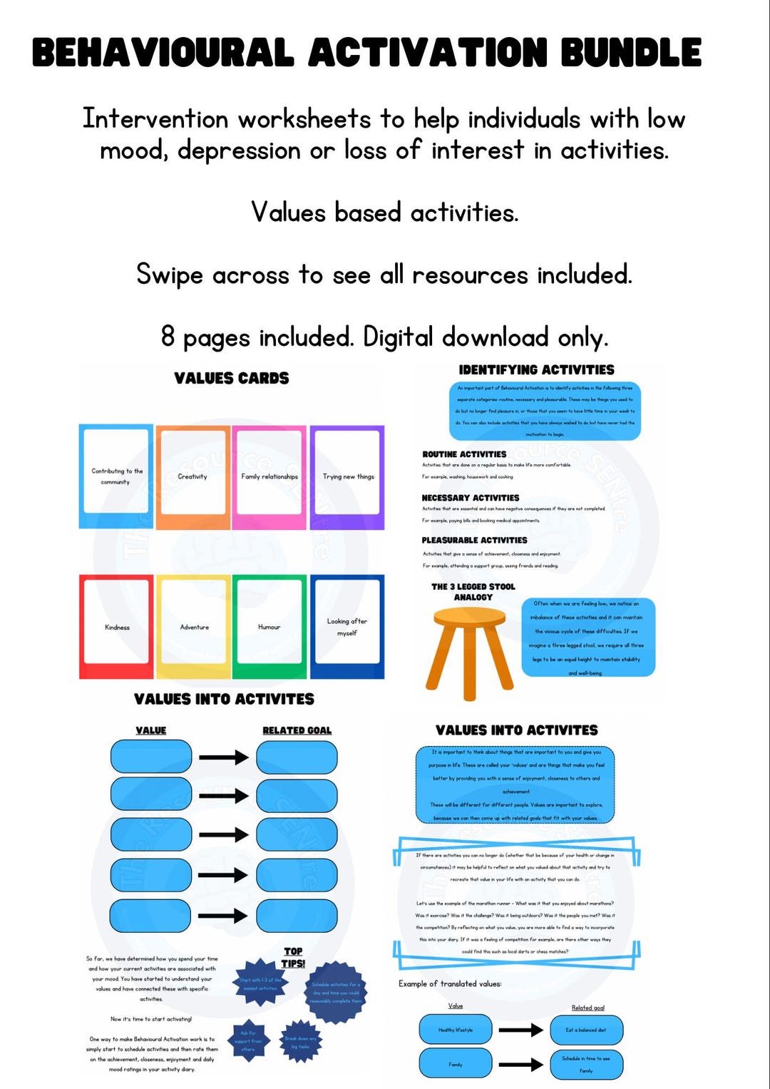 Behavioral Activation Worksheets: Values Based Activities (digital ...