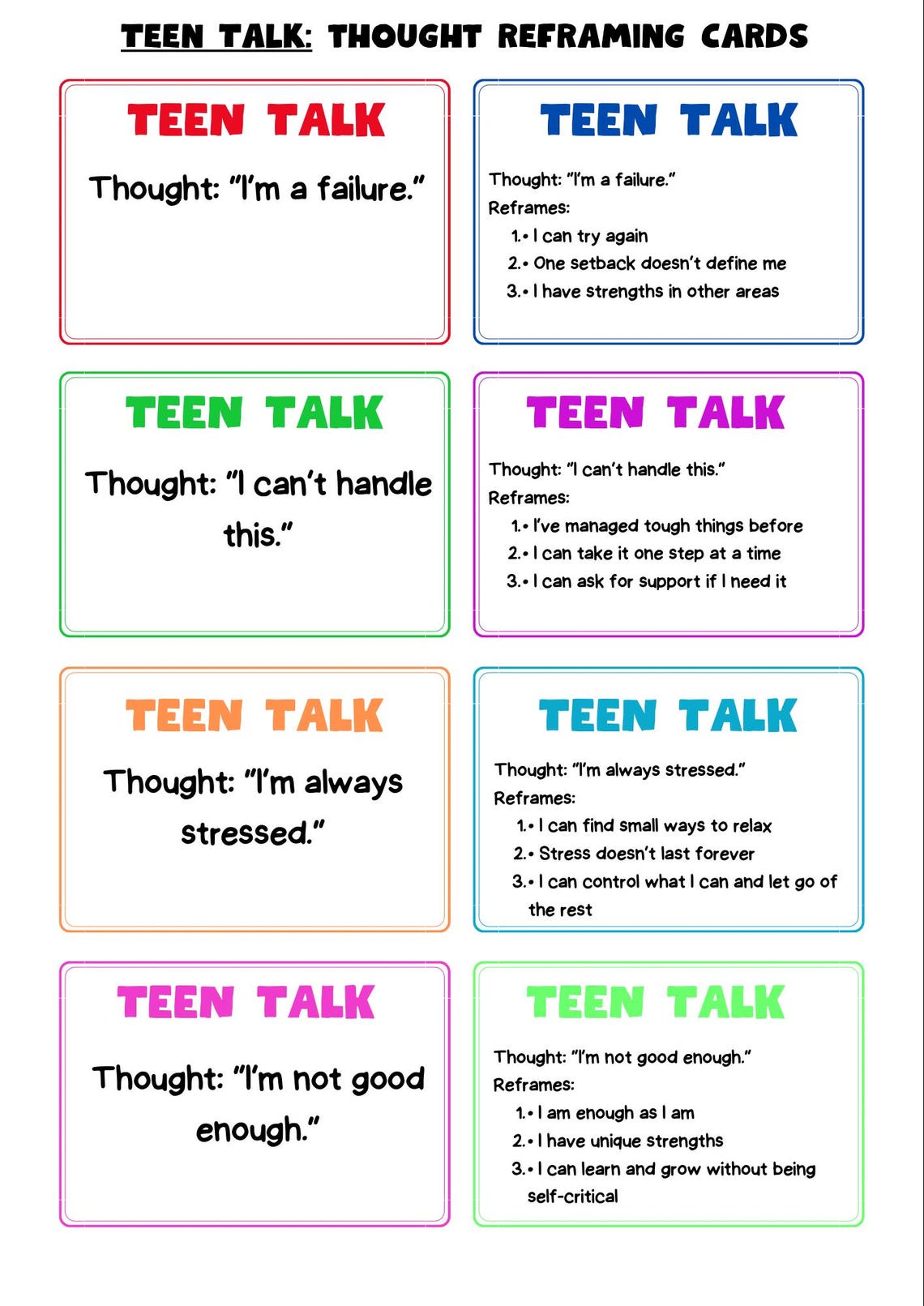 Teen Reframe Cards | Thought Challenges Cards - Etsy