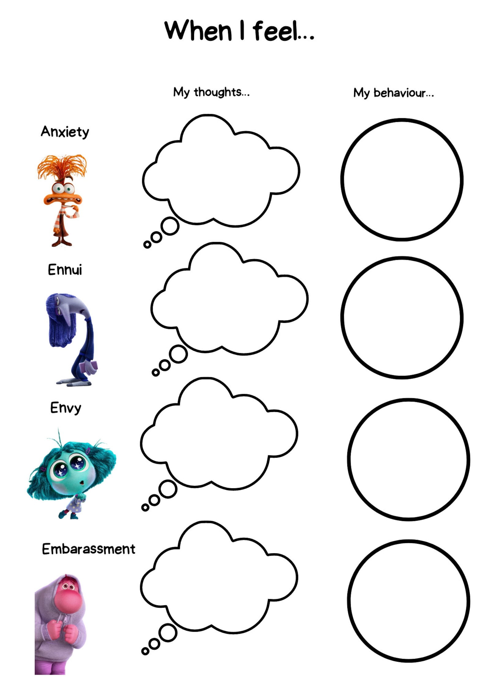 Inside Out 2 Emotion Check in | CBT Worksheet | Inside Out 2 Thoughts and Behaviour - Etsy