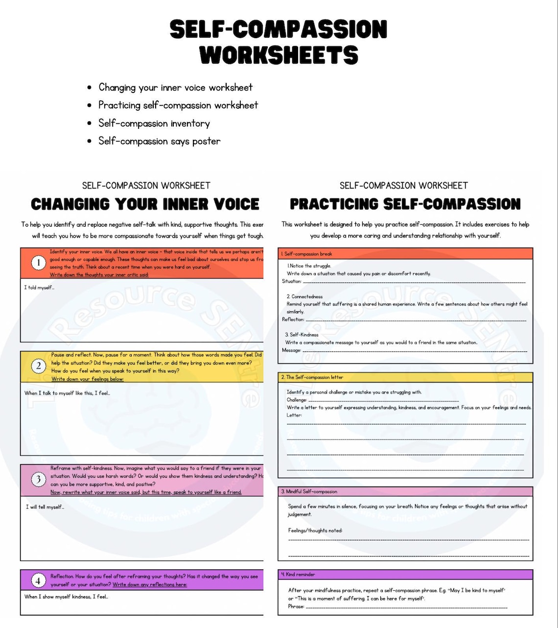 Self-compassion Worksheets: Therapy & Counseling Activities (digital ...