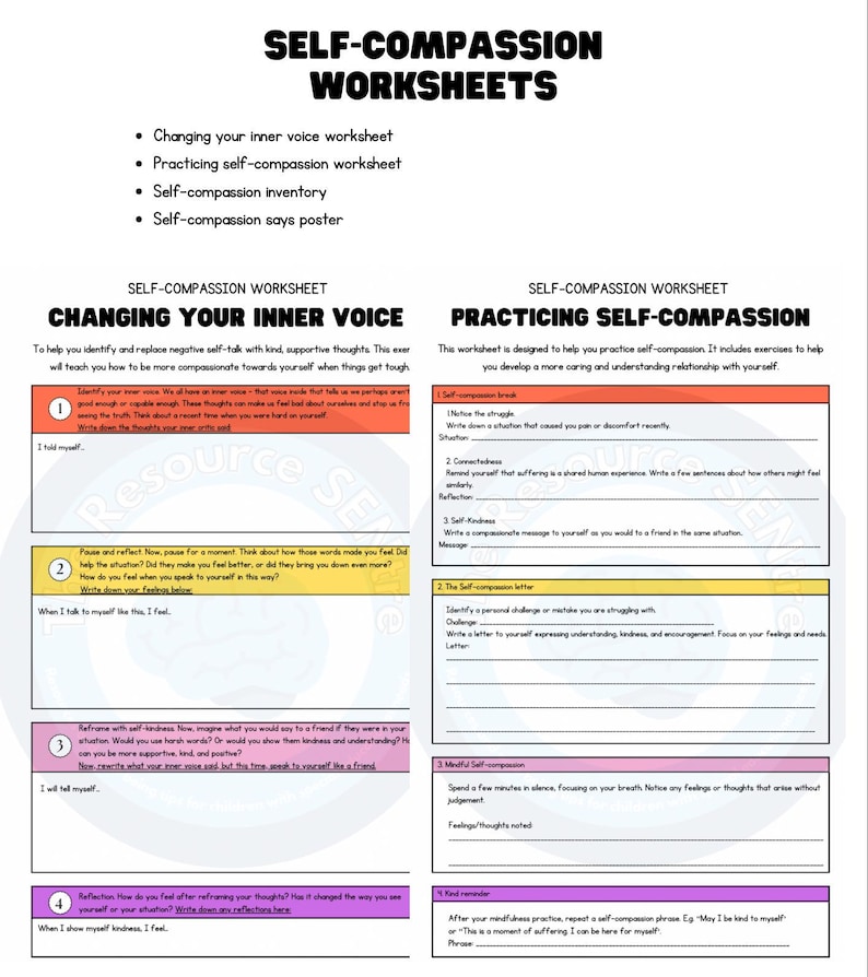 Self-compassion Worksheets Practicing Self-compassion Therapy Worksheet on Self-compassion Self ...