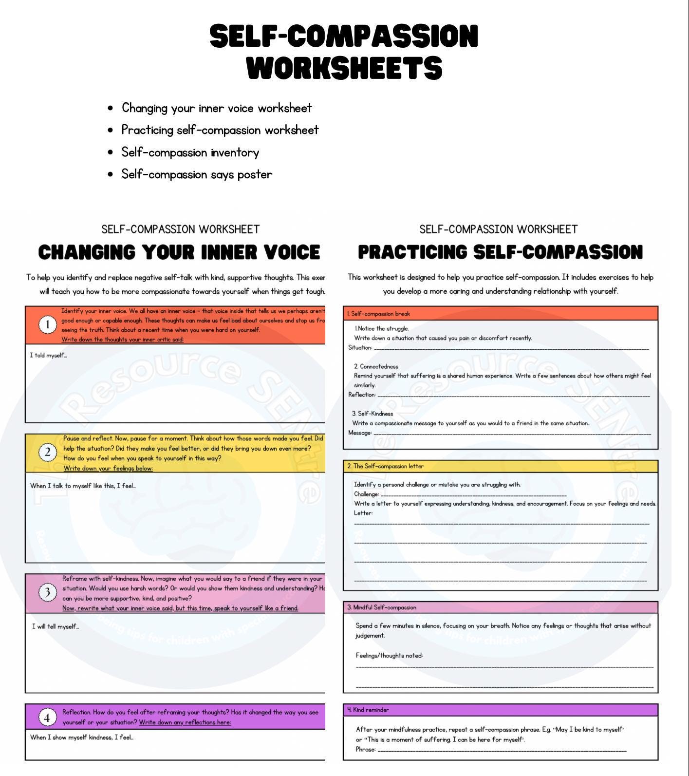 Self-compassion Worksheets: Therapy & Counseling Activities (digital ...