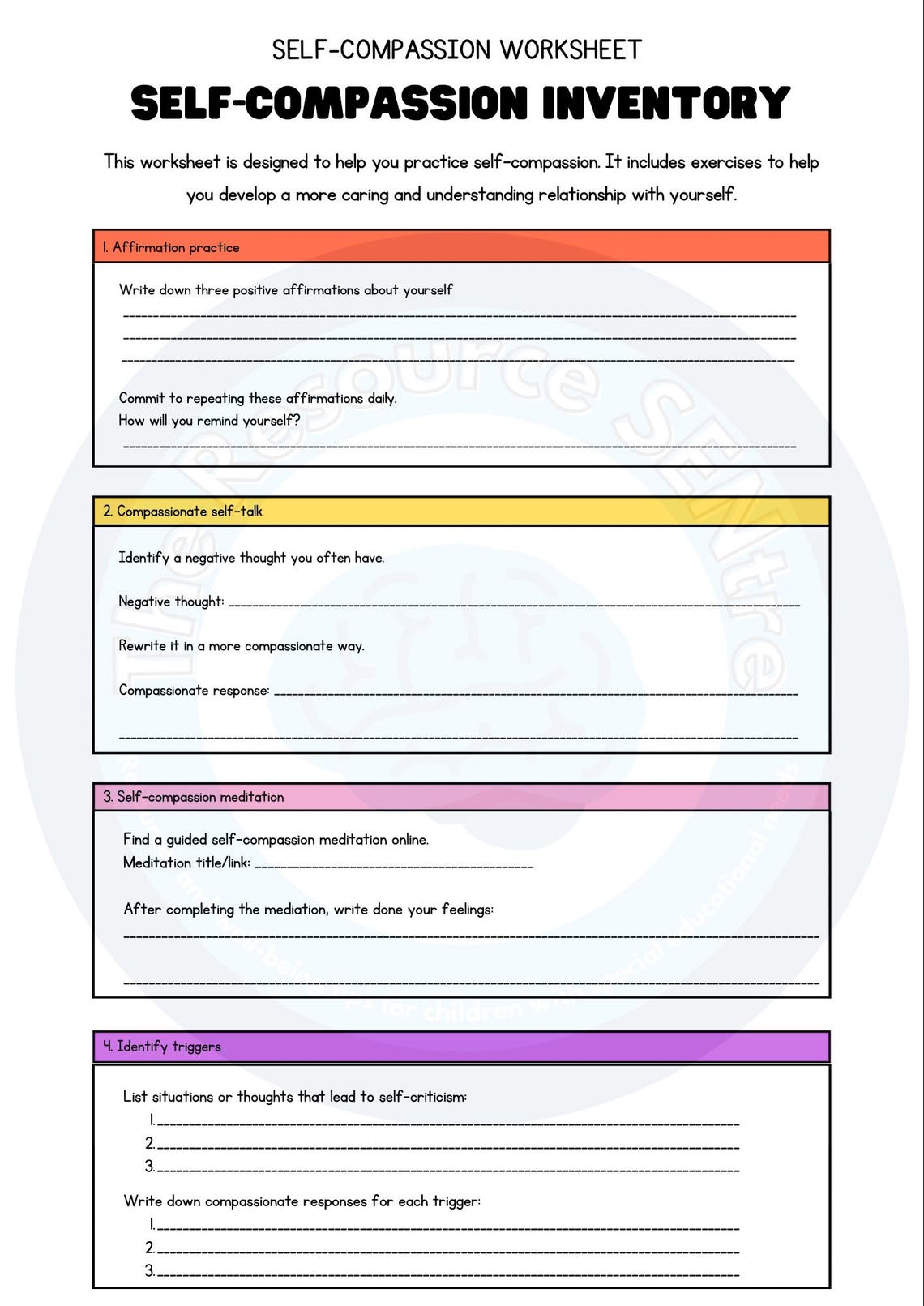 Self-compassion Worksheets: Therapy & Counseling Activities (digital ...