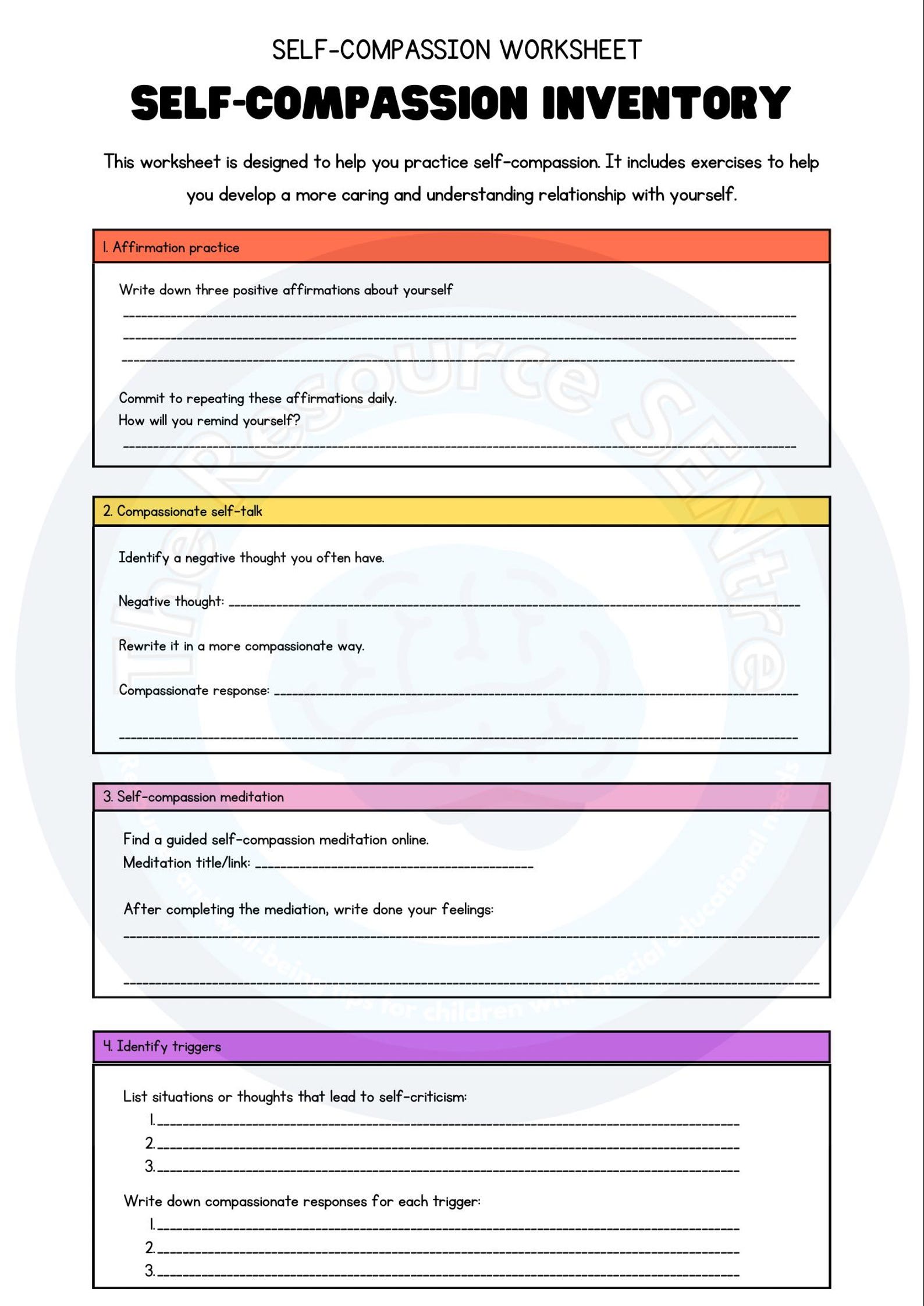 Self-compassion Worksheets: Therapy & Counseling Activities (digital ...