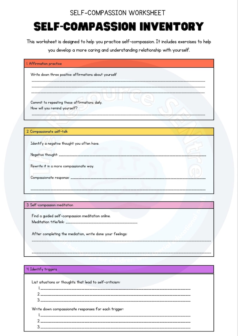 Self-compassion Worksheets: Therapy & Counseling Activities (digital ...
