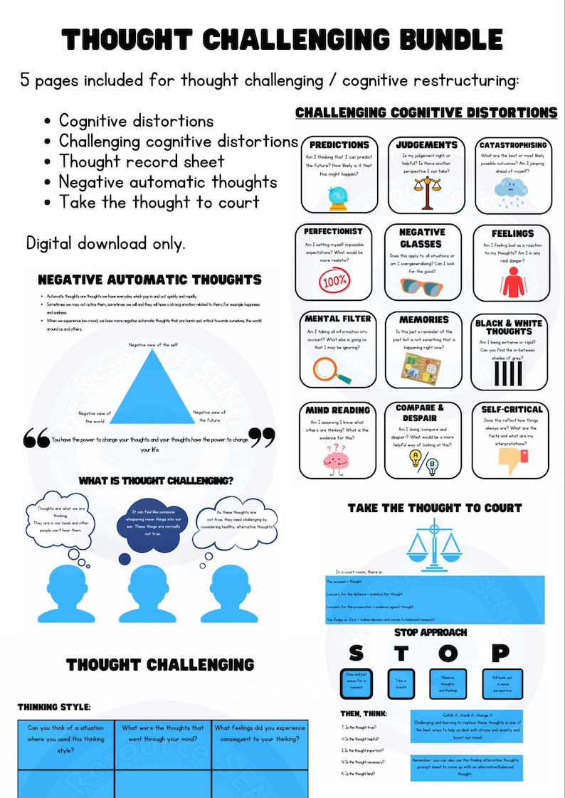 Thought Challenging Worksheets | Cognitive Restructuring | Cognitive ...