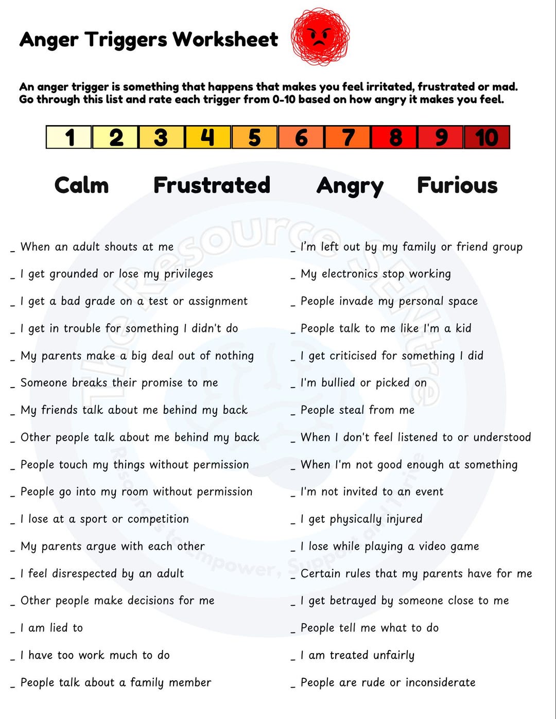 Anger Triggers Worksheet | 0–10 Anger Scale Printable - Etsy
