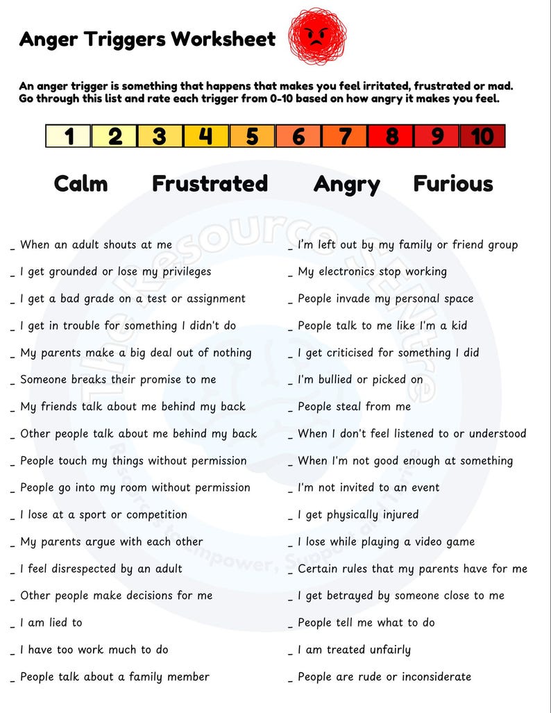 Anger Triggers Worksheet | 0–10 Anger Scale Printable - Etsy