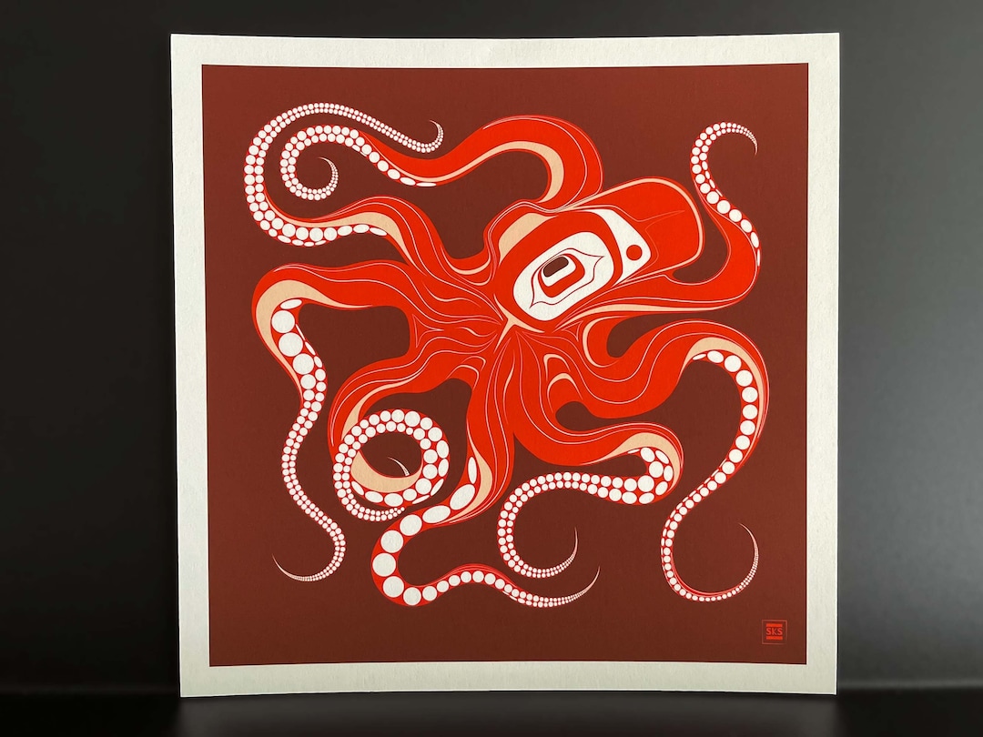 Native Northwest Coast Tlingit Octopus Giclee Print - Orange/red, Left ...